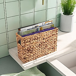 Yesland Hand-Woven Magazine Basket, Natural Narrow Water Hyacinth Holder Magazine Wicker Basket,15.5 x 5.5 x 9.75 Inch Decorative Magazine Storage Basket Bin for Home, Office, Desk