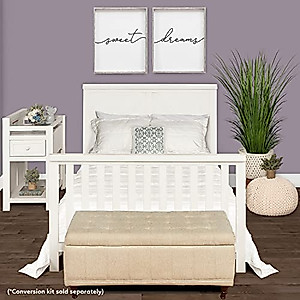 SweetPea Baby Meadowland 5-in-1 Convertible Crib & Changer I Attached Changer I Removable Changing Pad I Space-Saving Storage I Farmhouse Design, Weathered White