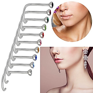Rbenxia 20G 316L Nose Studs Rings 2.2MM Rhinestone Stainless Steel Nose Body Piercing Rings 10 Pcs Random Color for Unisex