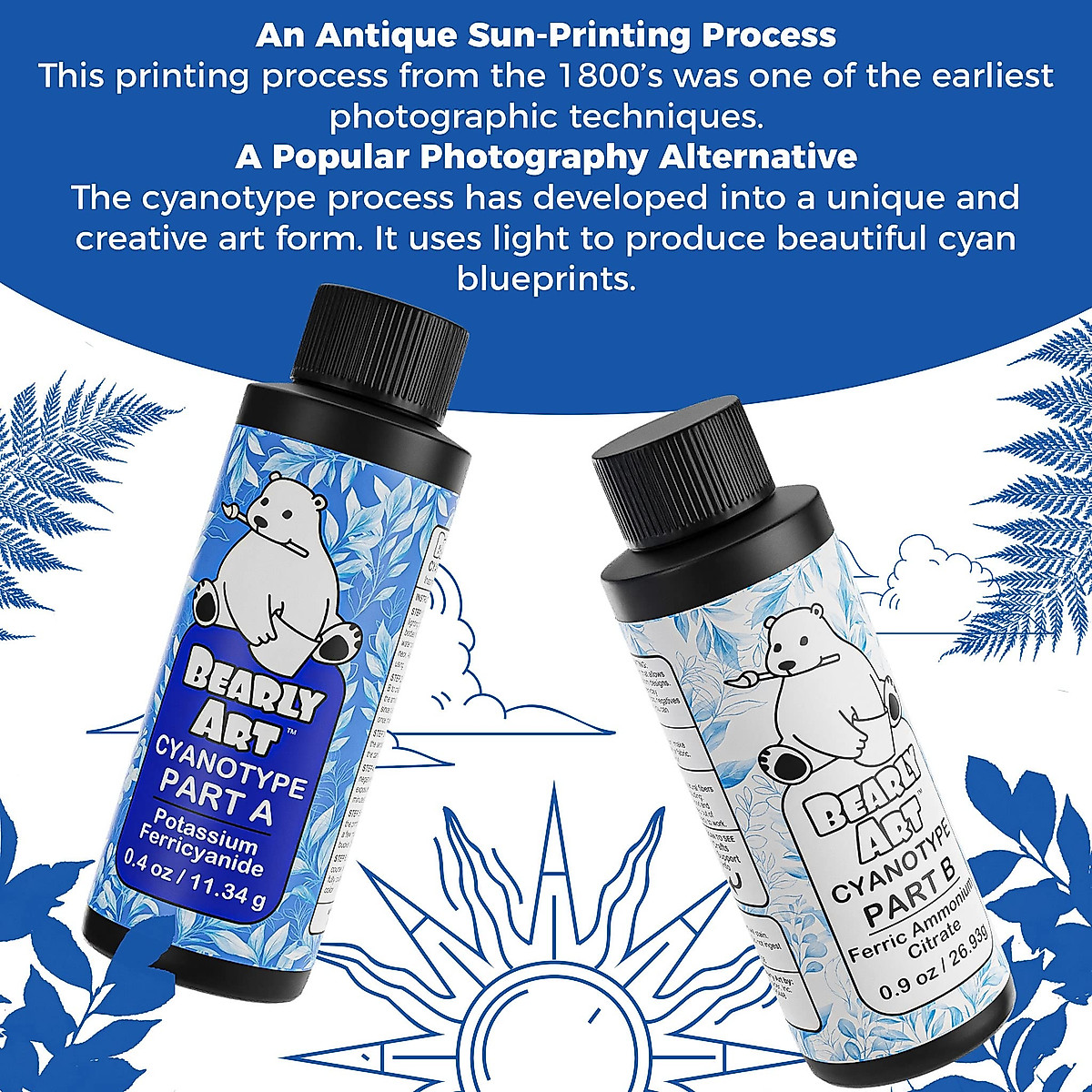 Bearly Art Cyanotype Kit - Sun - Solar Print Set for Photographic Printing on Paper and Fabric - 2 Part Sensitizer - Archival - Creates 32 8"x10" Prints on Paper and 25 on Fabric