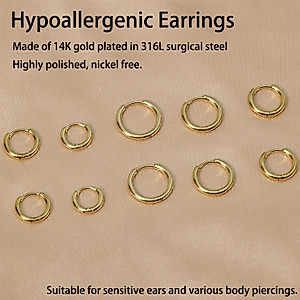 Small Gold Hoop Earrings Lightweight: Hinged Huggie Hoop Earrings for Lobe Cartilage Helix Tiny Hoops Earrings in Gold Plated Silver Black for Women Men (Set of 1 - 5 Pairs) (14K Gold - 6mm/7mm/8mm/9mm/10mm)