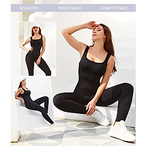 TrainingGirl Womens One Piece Workout Jumpsuits Square Neck Tank Tops Rompers Ribbed Sleeveless Exercise Unitard Yoga Bodycon (Black, Small)