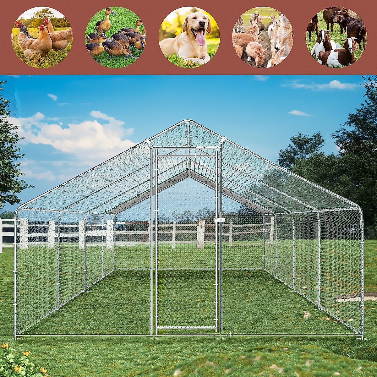 BESBLEE Galvanized Large Metal Chicken Coop Walkin Poultry Cage Hen Run House Rabbits Habitat Cage Spire Shaped Coops UV & Water Resistant Cover for Outdoor Backyard(13.1’L x 9.8’W x 6.5’H)