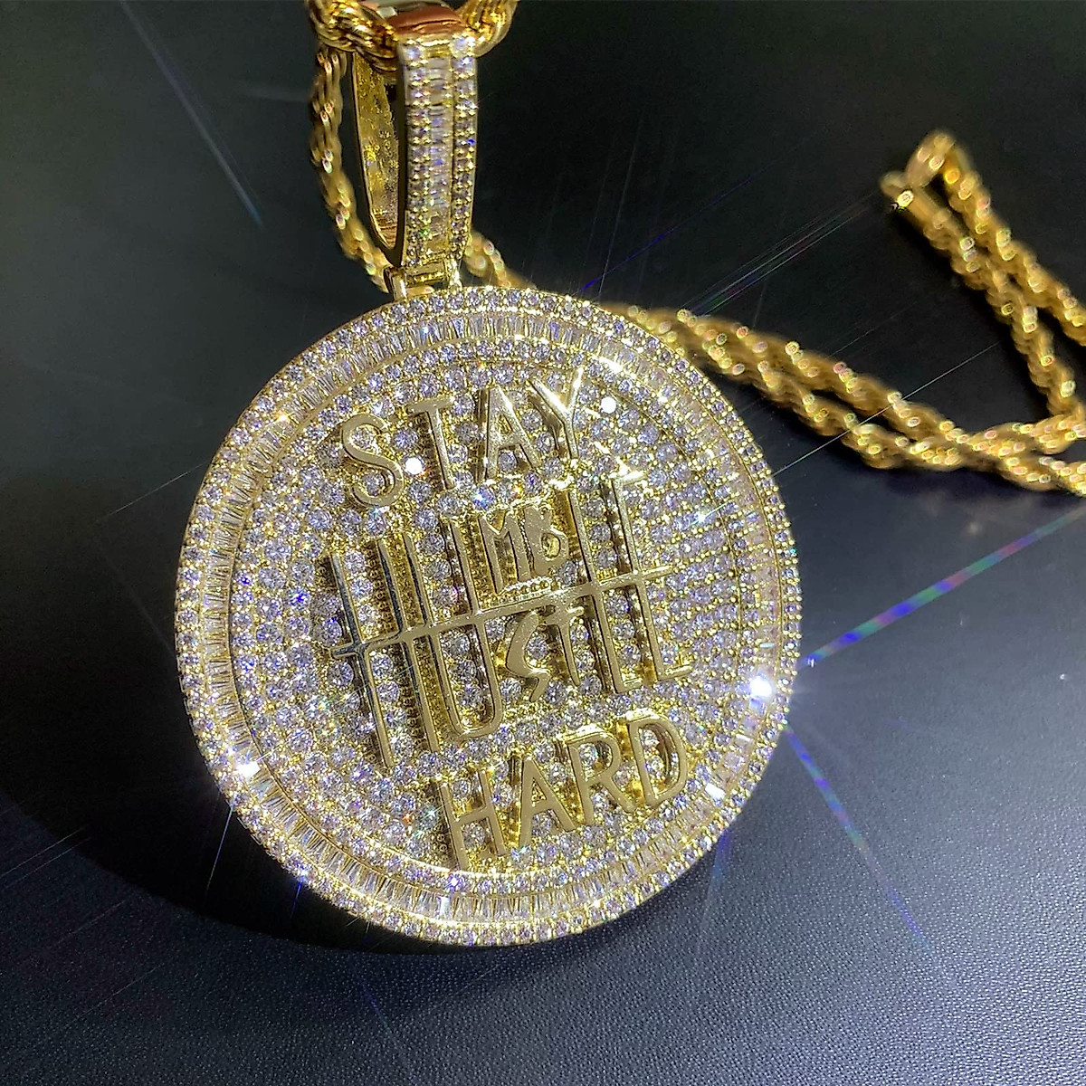 ICEDIAMOND 14K Gold Plated Stay Humble-Hustle Hard Encourage Pendant Necklace, Iced Out CZ Diamond Hip Hop Charm Jewelry for Men Women (Gold)