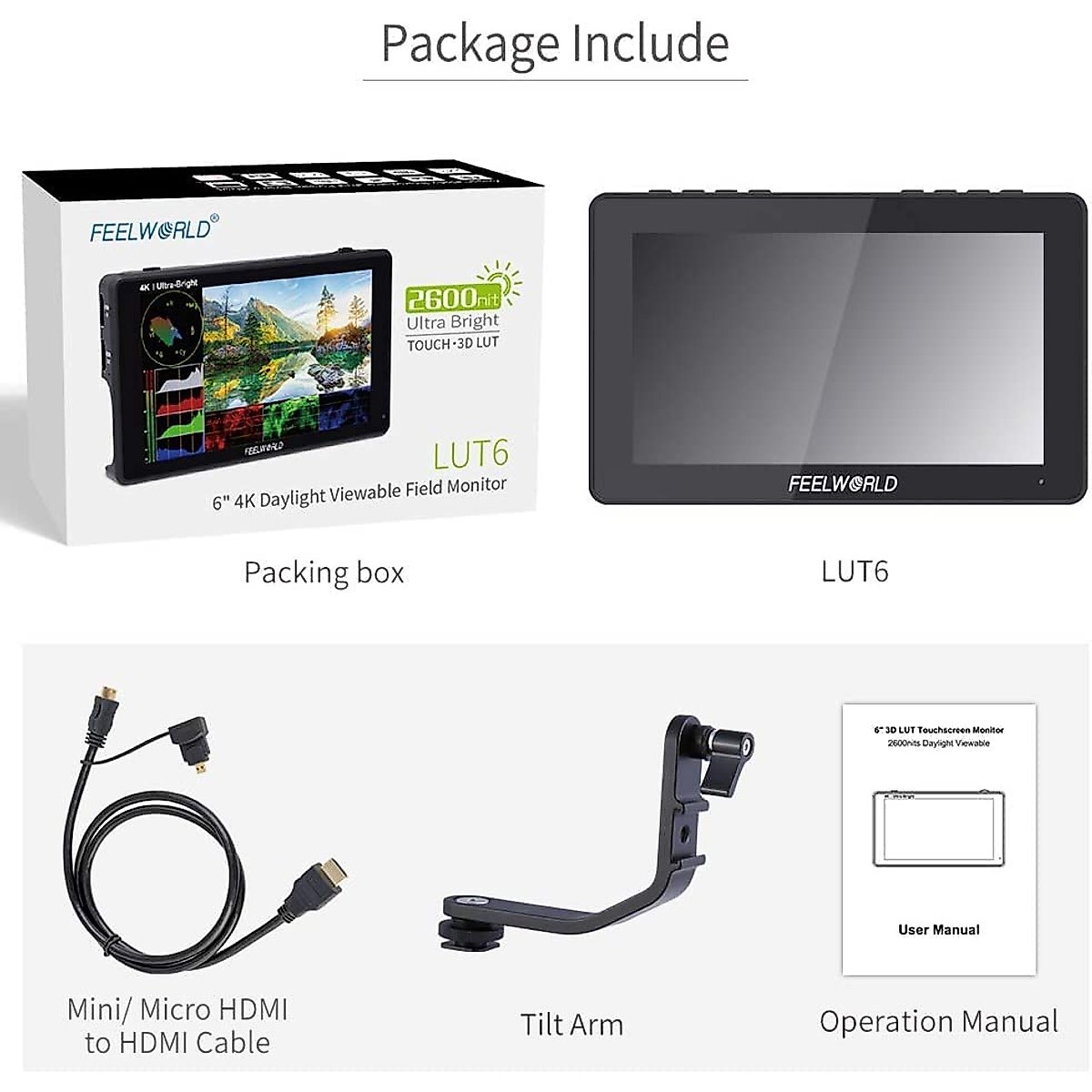 FEELWORLD LUT6 6 Inch 2600nits HDR 3D LUT Touch Screen DSLR Camera Field Monitor with Waveform VectorScope Histogram 4K HDMI Input Output 1920X1080 IPS Panel