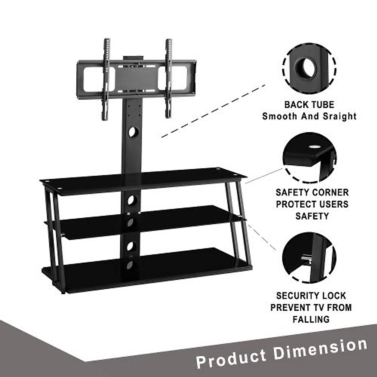 Tansole Swivel Floor TV Stand Height Adjustable Bracket Entertainment Stand for 32 to 65 Flat or Curved Screen Multi-Function TV Stand | 3-Tier BlackTempered Glass Multi-Function TV Stand