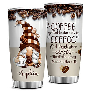 MDPrints Gnome CoffeeTumbler, Gnomes Gifts for Women, 20oz Stainless Steel Gnome Coffee Mug, Gift for Coffee Lovers (Custom Name Gnome Coffee TM444)