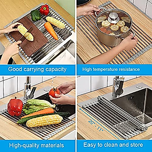 HCXMDY Roll Up Dish Drying Rack Over The Sink Kitchen,Stainless Steel Drying Rack for Farmhouse Sink,Rv Sink Cover ​Kitchen Sink Accessories,Telescopic Sink Rack(L:20" - 11",W:13")