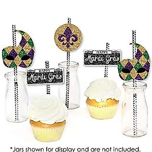 Mardi Gras Paper Straw Decor - Masquerade Party Striped Decorative Straws - Set of 24