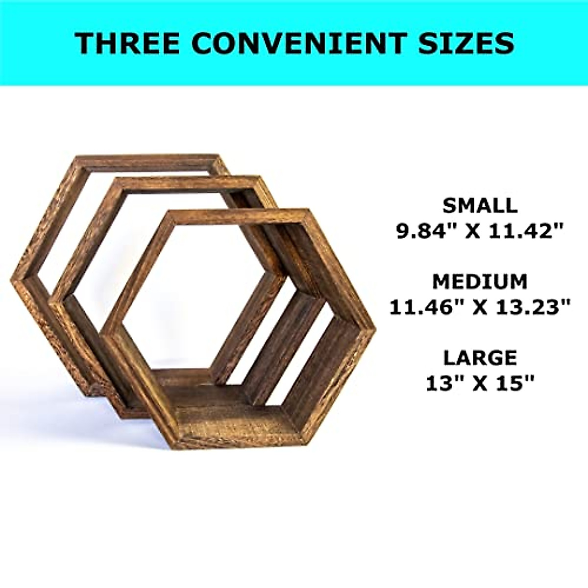 Hexagon Wooden Shelves – Set of 3 Geometric Floating Wall Shelf –Small, Medium, Large -Rustic Brown Honeycomb Design for Bedroom, Living Room, Office.
