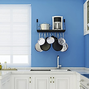 Hoooh Square Grid Wall Mount Pot Rack Storage Shelf with 10 Hooks, Kitchen Cookware Hanging Organizer, Black, KPR301A-BK