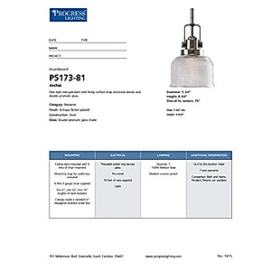 Progress Lighting P5173-81 Archie Collection One-Light Mini-Pendant, 15, 6, Antique Nickel