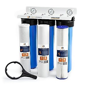 Aquaboon 3-Stage Whole House Water Filter System w/Wrench, Iron White Coated Bracket & Pressure Gauges & Release Buttons (1" Port) - w/СTO & PP Polypropylene & Pleated Sediment Water Filter Cartridges