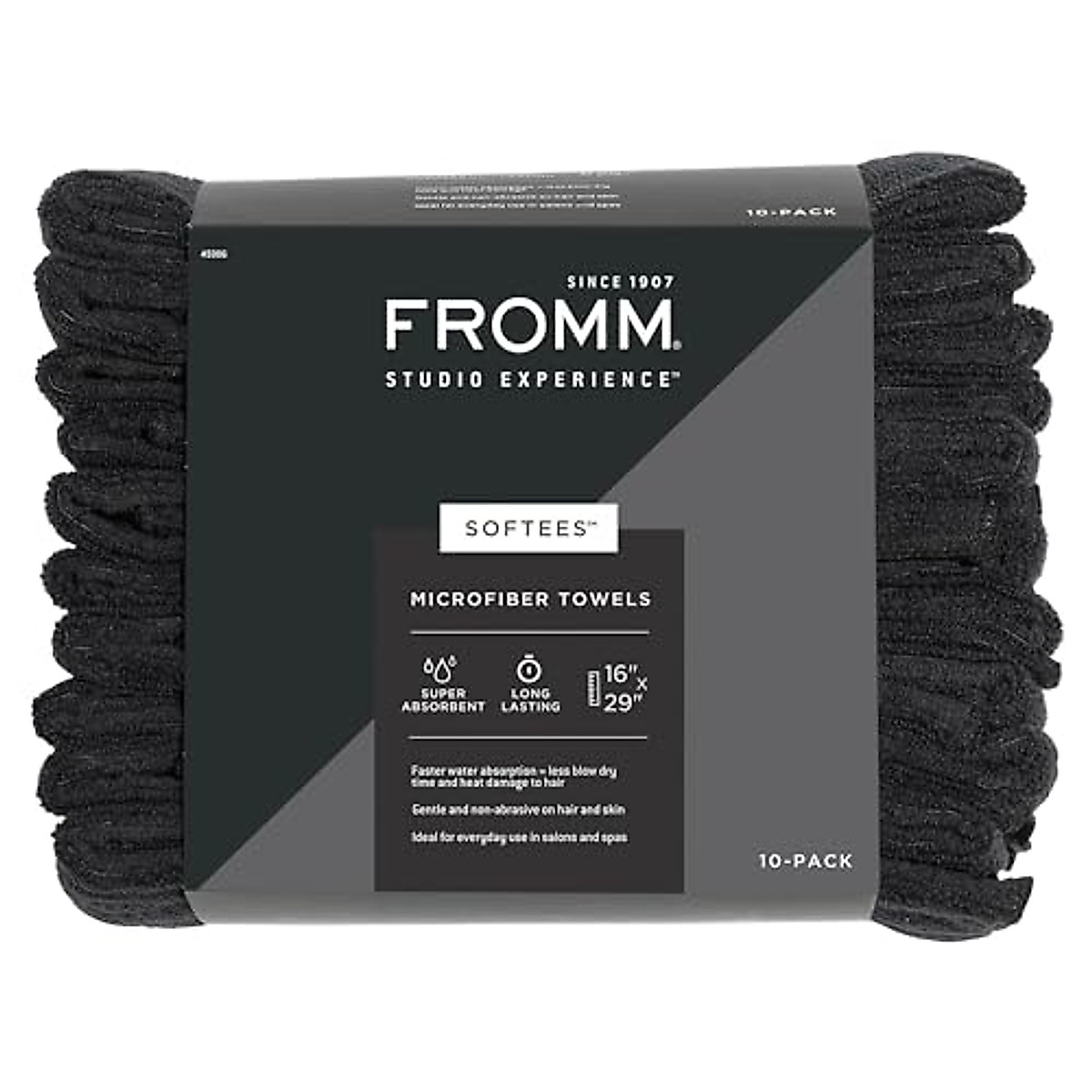 Fromm Softees Microfiber Salon Hair Towels for Hairstylists, Barbers, Spa, Gym in Black, 16" by 29", 10 count Perfect Hair Care Towel for Drying Curly, Long, Wavy Hair