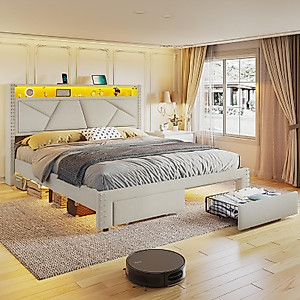 AOGLLATI Queen Bed Frame with Storage Drawers, Charging Station, Upholstered Led Bed Frame Queen Size with Storage Headboard, No Box Spring Needed, Beige