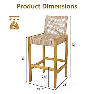 Tangkula Patio Wood Barstools Set of 2, PE Rattan Bar Height Chairs with Backrest, Stable Metal Frame, 400 lbs Max Load, Light Brown PE Wicker Bar Chairs for Porch, Backyard, Balcony (2)