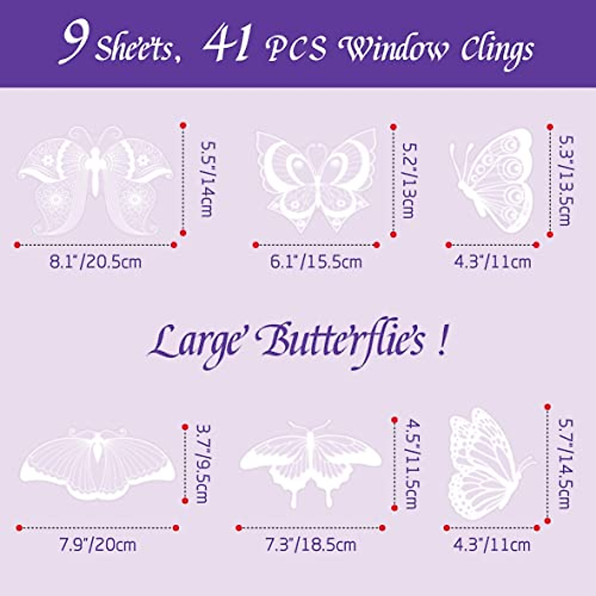 41 PCS Large Butterfly Window Clings - Double Sided White Butterflies Stickers, Reusable Window Decals Bird Alert Static Clings for Door, Glass Decoration, Prevent Bird Strikes (9 Sheets)