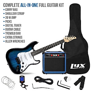 LyxPro 39 inch Electric Guitar Kit Bundle with 20w Amplifier, All Accessories, Digital Clip On Tuner, Six Strings, Two Picks, Tremolo Bar, Shoulder Strap, Case Bag Starter kit Full Size - Blue