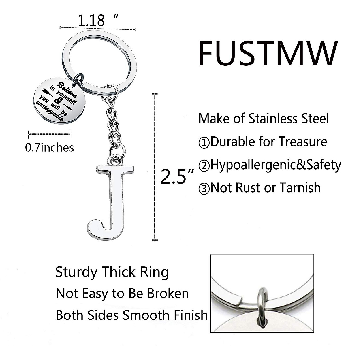 FUSTMW Initial Keychain Alphabet Initial Letter Key Ring Pendant Inspiration Gifts Believe in Yourself and You Will Unstoppable (Initial J)