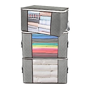 Txtsegose Large Capacity Clothes Storage Bag,Capacity Storage Bins with Clear Window, Closet Organizer with Reinforced Handle, Storage Containers Foldable with Sturdy Zipper, 3 Pack, (Gray).