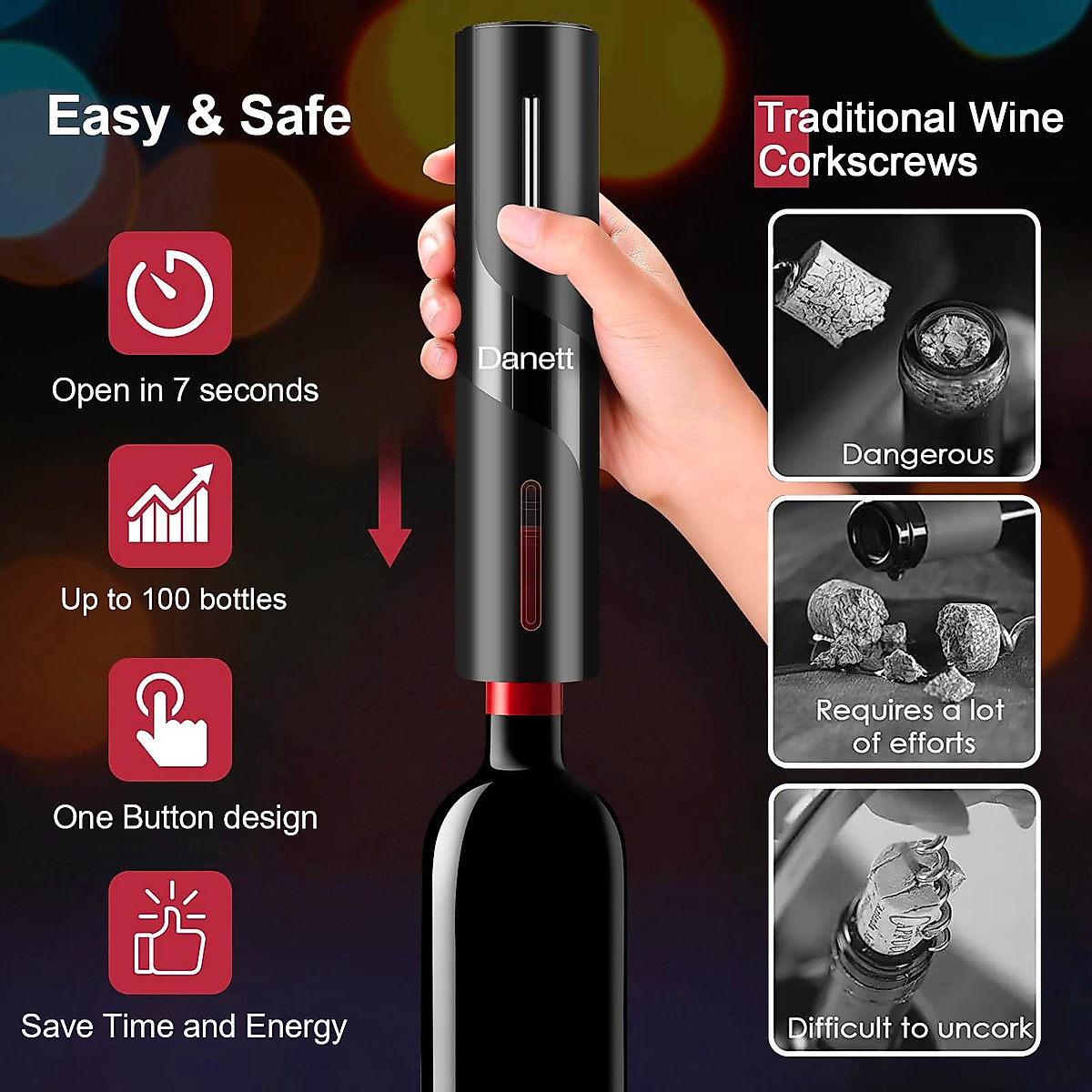 Danett Electric Wine Opener Set - Automatic Corkscrew Opener with Foil Cutter, Pourer, and Vacuum Stoppers - Battery Operated - 4-in-1 Wine Accessories Kit-for Wine Lovers