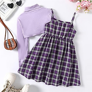 PATPAT Girl's 2 Pieces Plaid Dress Set Outfits Casual High Neck Long Sleeve Crop Top and Preppy Camisole A-Lined Dresses Sets Purple 8-9 Years