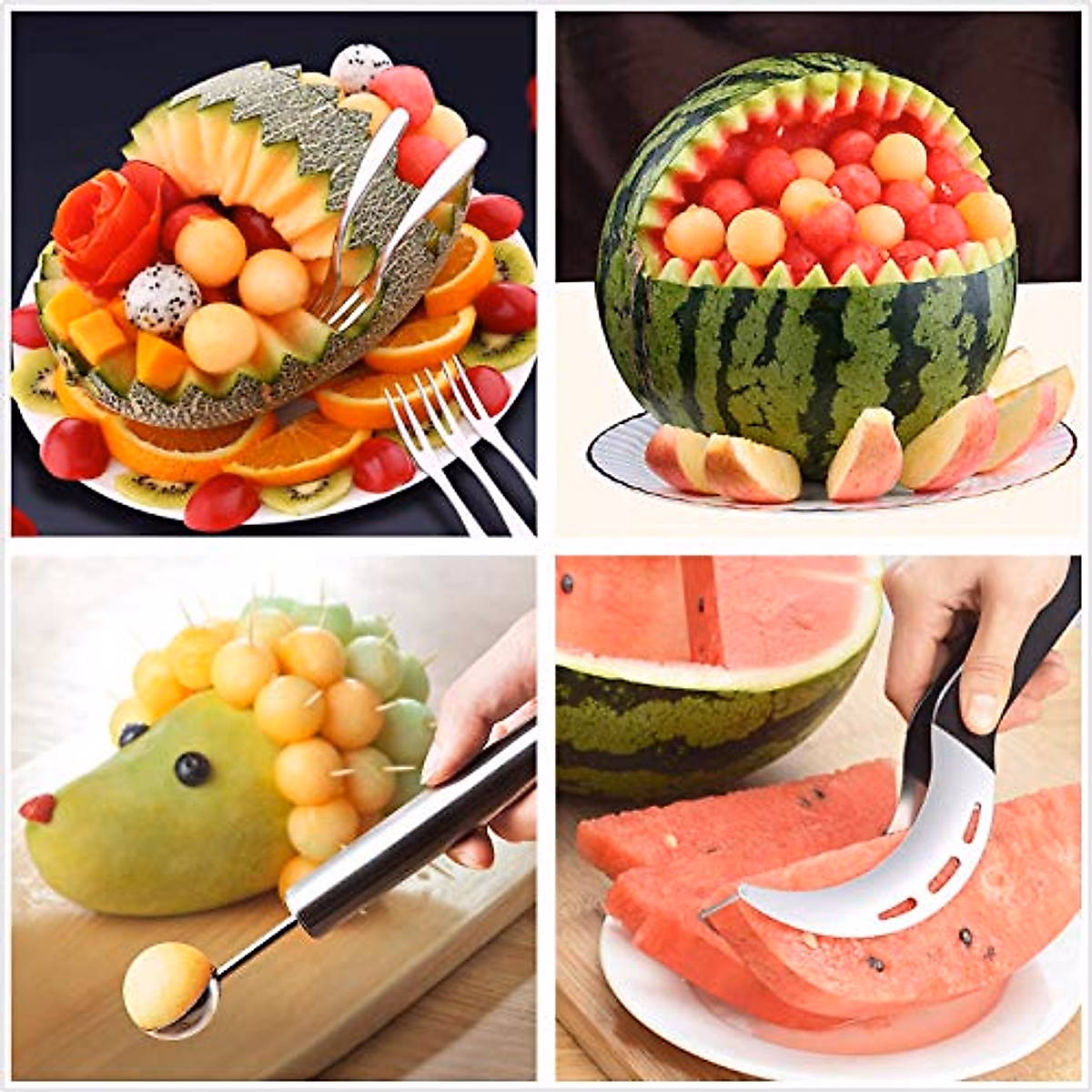 Gayisic 4 PCS Watermelon Slicer Cutter, Fruit Carving Tools Knife Kit , Stainless Steel Fruit Corer Cutter Kit for Ice Cream Melon Fruit Slicer