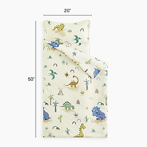 Wake In Cloud - Dinosaur Nap Mat with Removable Pillow for Kids Toddler Boys Girls Daycare Preschool Kindergarten Sleeping Bag, Dinosaur Volcano Printed on Beige, 100% Soft Microfiber