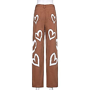 N/ D Women's Patchwork Pants Hight Waist Distressed Straight Wide Leg Denim Jeans Fashion Pencil Trousers (Brown Heart, S)