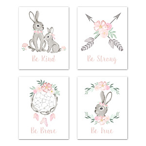 Sweet Jojo Designs Blush Pink and Grey Woodland Boho Dream Catcher Arrow Wall Art Prints Room Decor for Baby, Nursery, and Kids for Gray Bunny Floral Collection - Set of 4 - Watercolor Rose Flower