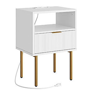 AEPOALUA Nightstand with Charging Station,Small Bedside Table with Gold Frame,White Night Stand,Bedside Furniture,Side Table with Drawer and Shelf for Bedroom,Living Room,Stripe