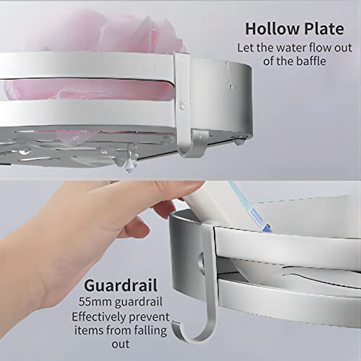 Shower Corner Shelf, Bathroom Shelves, Rustproof Thickened Aluminum , Wall Mounted No Drilling Triangle Shower Caddy Basket with Hook, Bathroom Shelf Organiser for Bathroom Kitchen ( 1 Pack, Silver )