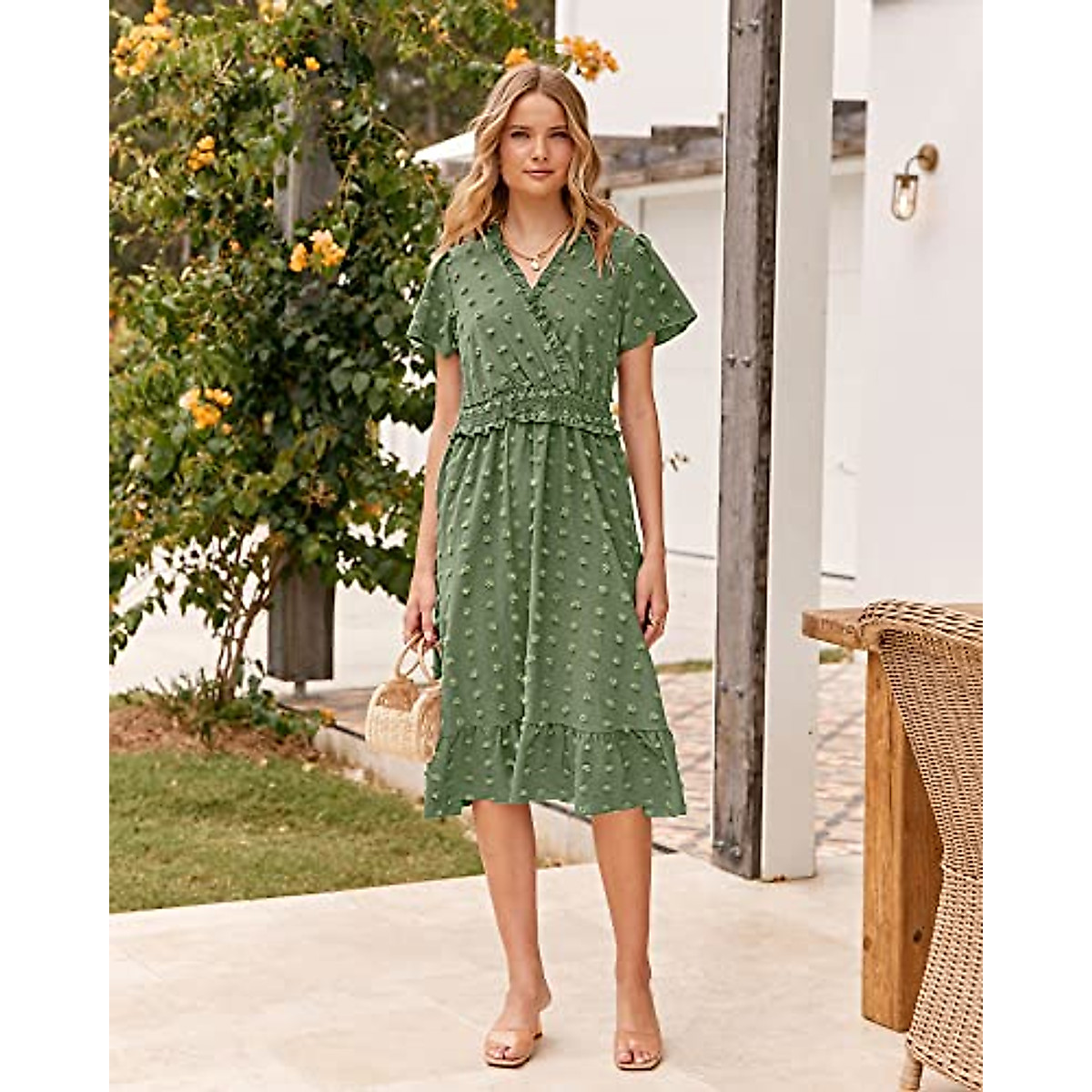 BTFBM Elegant Short Sleeve V Neck Swiss Dot Midi Summer Dresses for Women 2023 Boho Ruffle Long Dresses Ruffle Cocktail Dress（Solid Green,X-Large