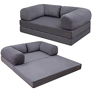 COMAX Futon Sofa Bed, 4-in-1 Floor Foldable Sofa Couch Bed Queen with L-Shaped Armrests, Convertible Folding Chair Bed Sleeper Mattress Fold Out Comfy Lounge for Living Room Bedroom, Dark Grey