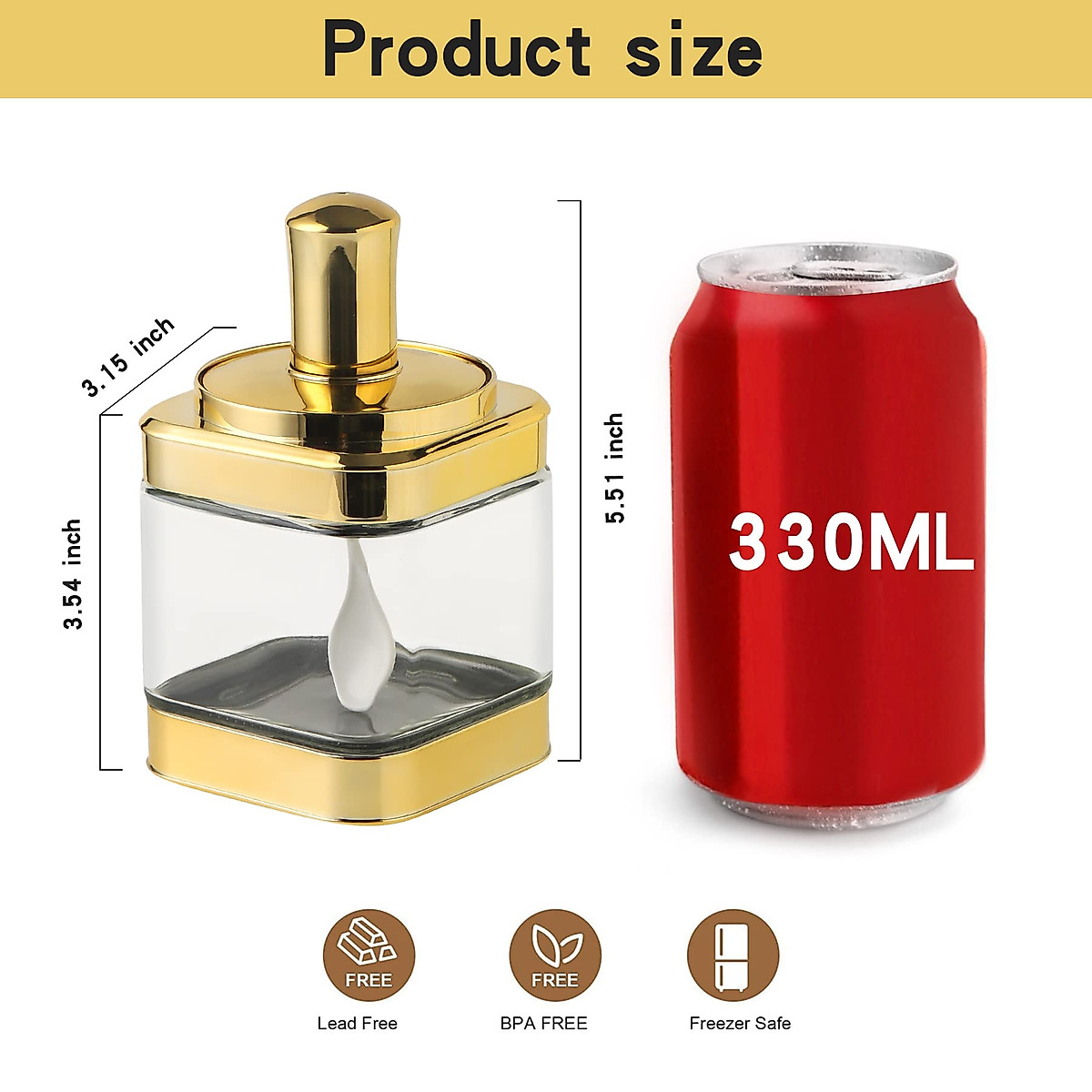 BETTWILL Glass Condiment Spice Jars, Container with Lids and Spoons(11oz/320 ml), Gold Salt Jar, 2Pack Seasoning Box Set for Sugar, Pepper, for Kitchen Counter，Brown Sugar Container.