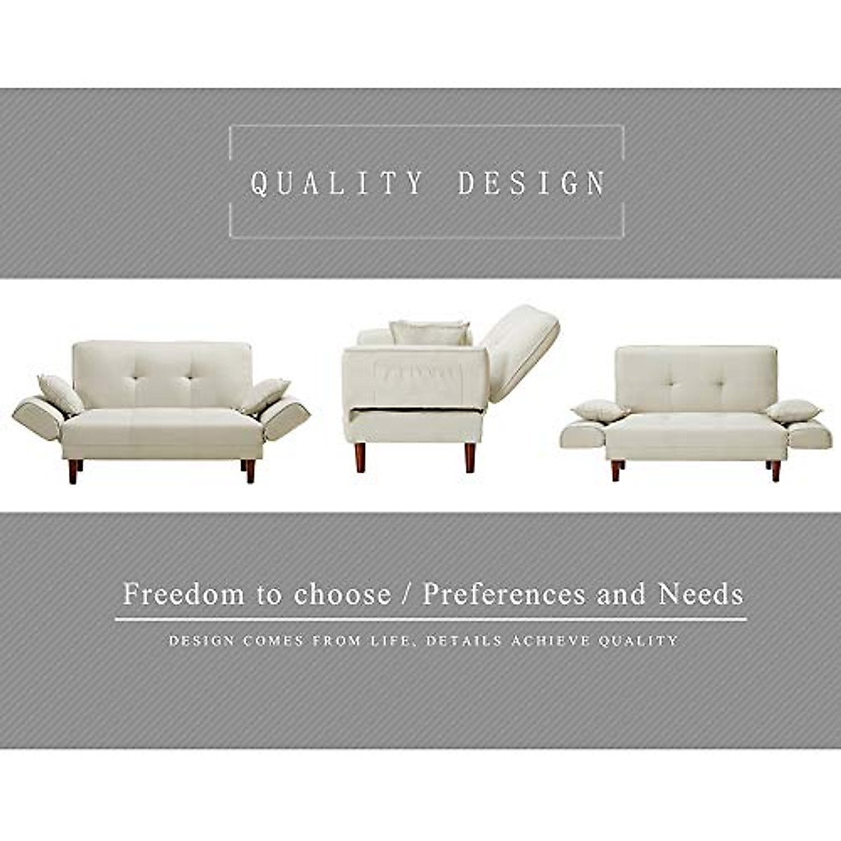 LTT Futon Sofa Bed, Futon Couch, Folding Sofa Bed Dual-Purpose Multi-Functional Relax Lounge Sofa Bed Sleeper with 2 Pillows Beige Fabric