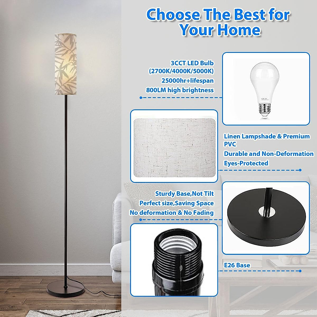 Boho Standing Lamps Bamboo tree silhouette pattern white japanese style black Minimalist Floor Lamp Metal Pole Lamp with Linen Lampshade for Bedroom Living Room Office Nursery Reading Foot Switch