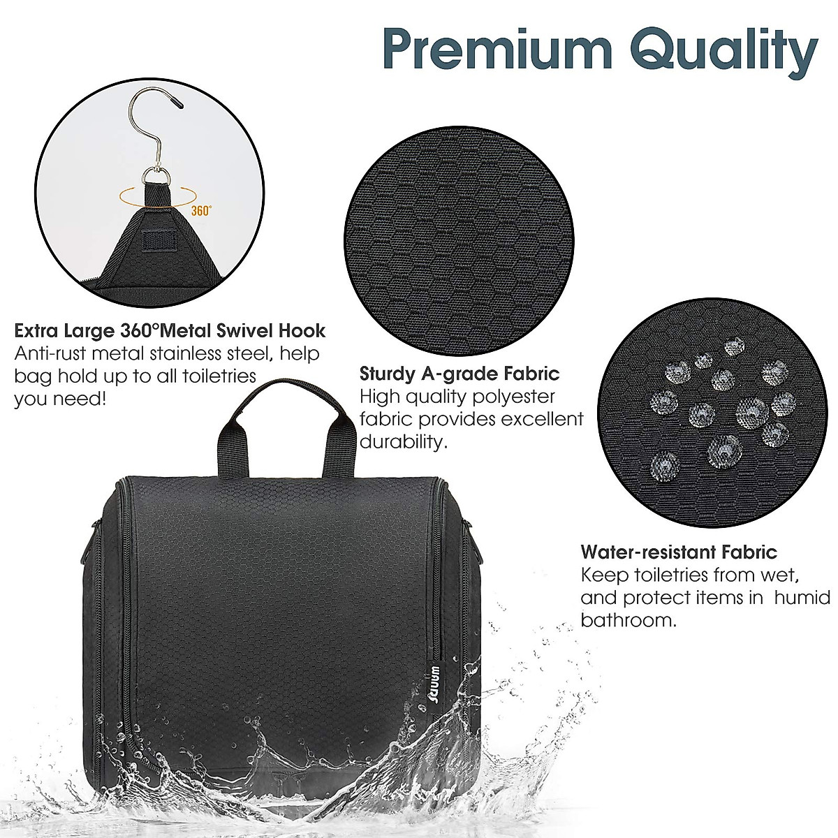 WANDF Hanging Toiletry Bag for Women Bathroom Bag with Jewellery Bag and Clear Wet Separation Compartments Water-resistant Travel Toiletry Organizer (Black)
