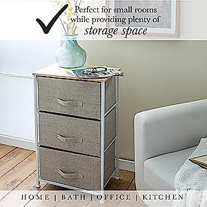 Simplify 3 Tier Vertical Storage Chest | Dresser | Nightstand | Fabric Drawers | Sturdy Steel Frame | Organizer | Bedroom | Closet | Easy to Assemble | Beige