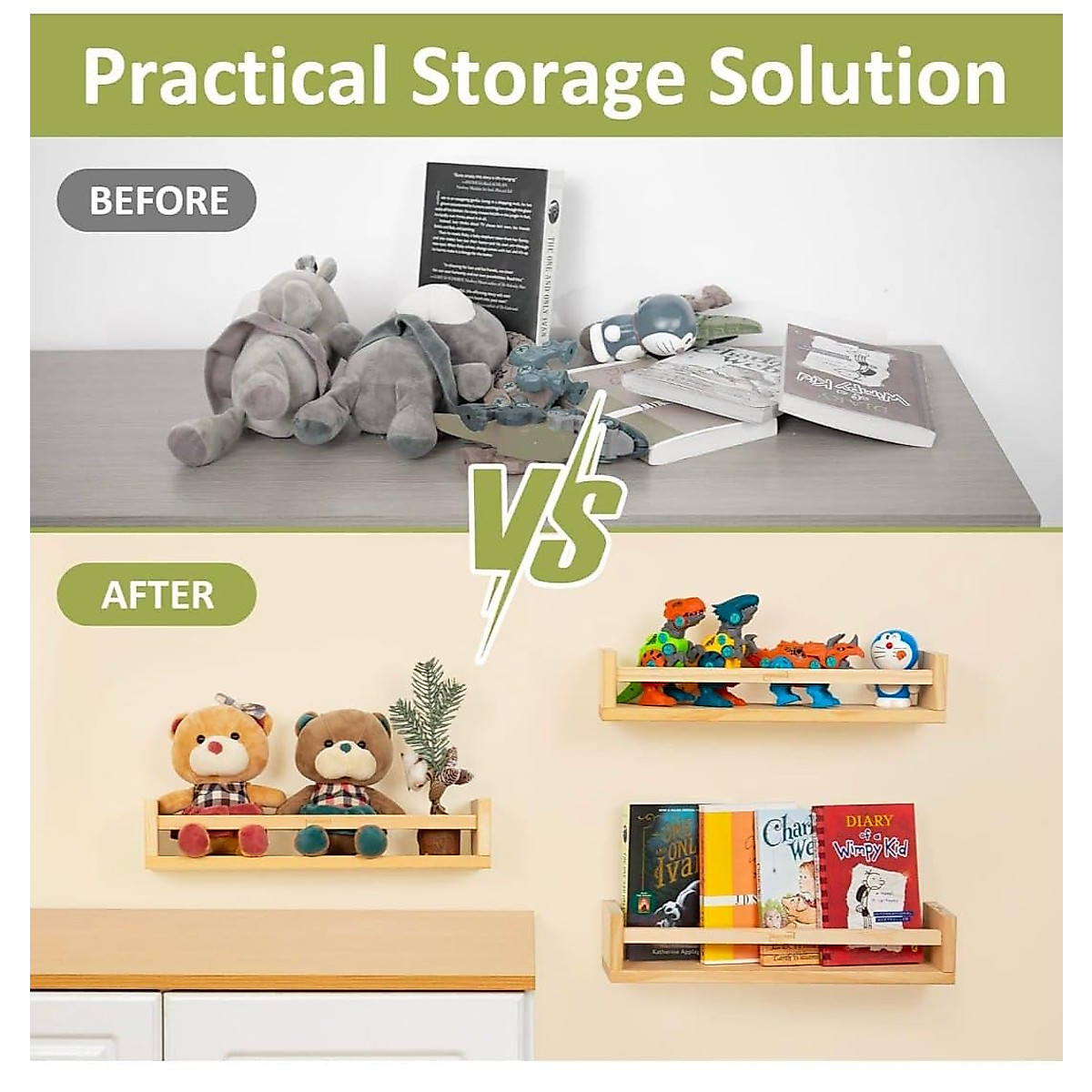 Nexzon Set of 3 Nursery Book Shelves with Booklet and Pen | 16.6" Kids Wall Bookshelves | Baby Nursery Shelves for Bedroom, Bathroom, Kitchen and Toy Storage (Pine Wood)