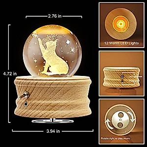 Figermoon 3D Crystal Ball Music Box with Projection LED Light and Rotating Wooden Base, Gift for Birthday Christmas Day, Music Boxes for Women Mom Daughter(Cat)