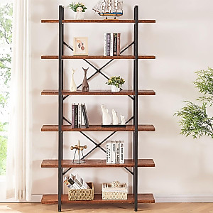 HSH Solid Wood Bookshelf, 6 Tier Tall Industrial Etagere Bookcase and Storage Shelves Heavy Duty, Rustic Large Open Vertical Metal Natural Real Wood Book Shelf for Bedroom Living Room Distressed Brown