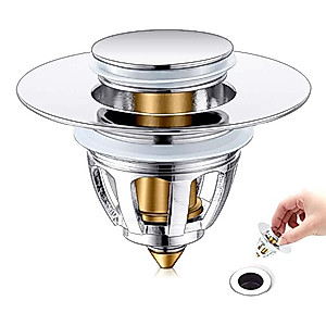 Herogo Universal Bathroom Sink Drain Stopper for Vessel Sink Lavatory Vanity Holes, Pop-Up Basin Brass Bounce Core Bathtub Stopper Sink Drain Strainer Cover with Basket Hair Catcher Filter, Silver