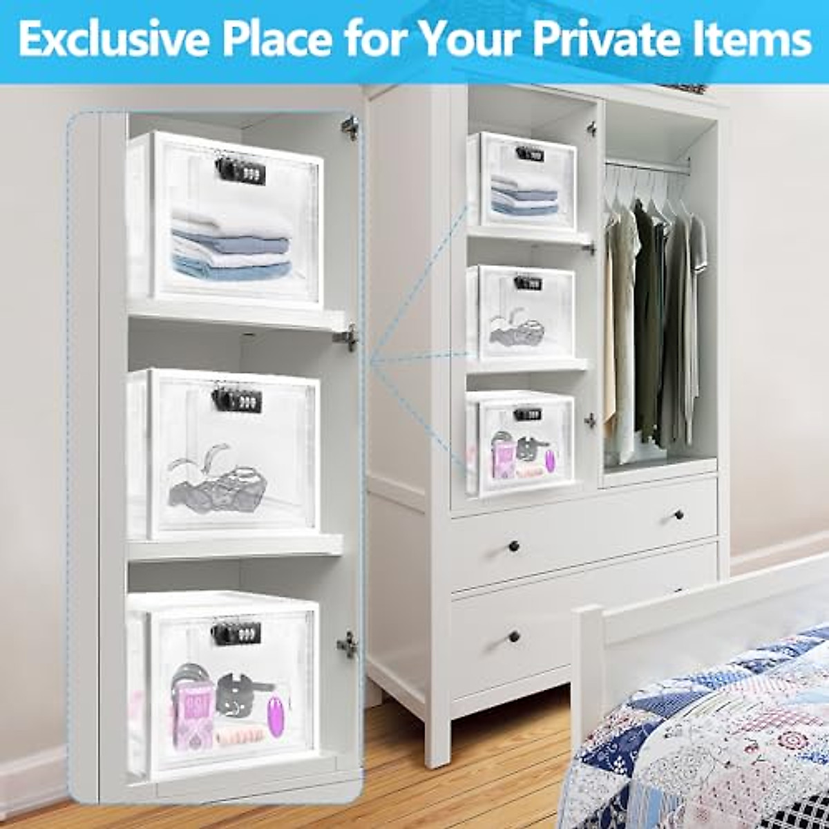 Lockable Storage Box, Medication Lock Box for Food, Medication, Phone Safety, Transparent Locking Medicine Box Container for Kitchen, Home, Office, 11.9 * 9.3 * 7.6inches Clear Storage Bin