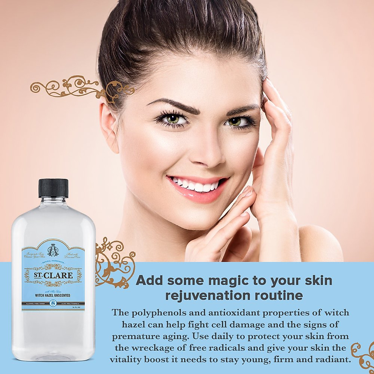 St Clare Alcohol Free Witch Hazel Facial Toner - Organic Witch Hazel Toner with Aloe Vera for Face and Skin - Witch Hazel Alcohol Free and Fragrance Free, Unscented Toner Witch Hazel, 16 Ounce