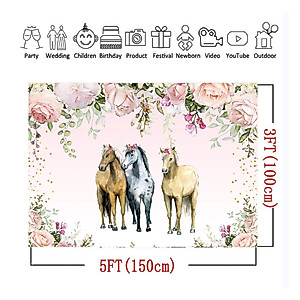 Pink Flower Countryside West Cowboy Cowgirl Horse Theme Photography Backdrop 5x3ft Children Boy or Princess Girl Birthday Photo Background Baby Shower Party Supplies Banner Cake Table Decor Vinyl