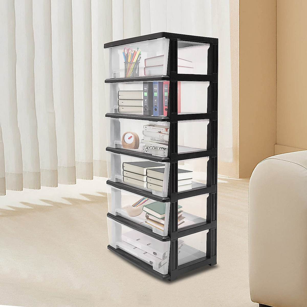 LINISHOP 6-Tier Rolling Storage Cart Rectangle Rolling Storage Cabinet Organizer Books Documents Storage Foldable Drawer Shelves Unit Rack with 4 Wheels for Home Office PP 19.7*13*43in (Black+Clear)
