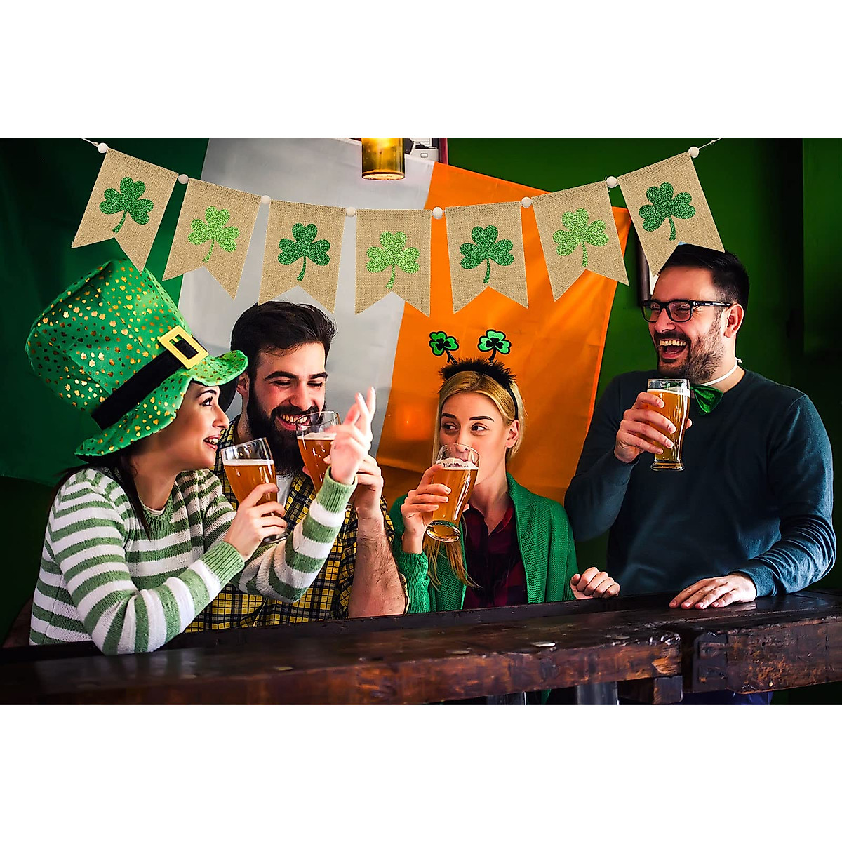 Whaline St. Patrick's Day Banner with Wooden Beads Glitter Green Shamrock Garland Burlap Banner Pre-Assembled Wooden Beads Clover Banner Fireplace Wall Hanging for Party Home Decoration