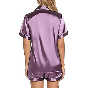 Women's Silk Satin Pajamas Set Short Sleeve Sleepwear Two Piece Button Down Pj Set with Pockets Violet