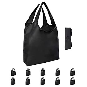 10 Pack Durable Folding Large Kitchen Reusable Shopping Bags with Handles Bulk, Aricsen Recycle Foldable Grocery Heavy Duty Washable into Pocket Lightweight Portable Nylon Tote, Polyester Cloth, Black